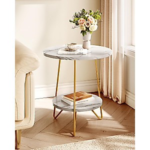 LITTLE TREE 2 Tier Faux Marble End Table Round Side Table with Shelves Small Coffee Accent Table for Living Room, White and Gold