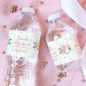 Personalized Pink Floral Baby Shower Water Bottle Labels - 24 Stickers