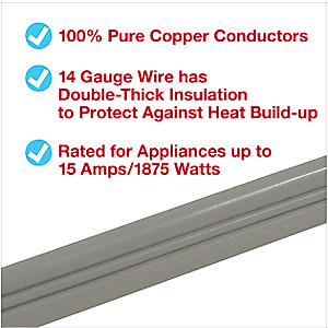 Clear Power 3ft 14/3 SPT-3 Air Conditioner Major Appliances Extension Cord, 3-Prong Grounded Right Angle Plug, Gray, CP10001