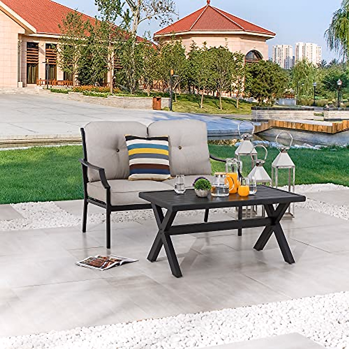 LOKATSE HOME Outdoor Loveseat and Coffee Table Metal Conversation Set Patio Furniture with Cushions for Poolside Backyard Lawn, Beige