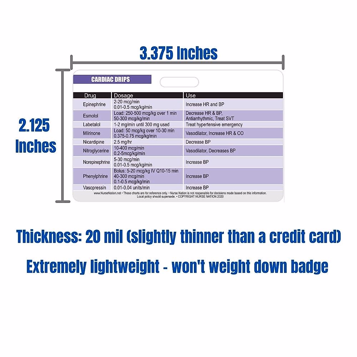 Cardiac Drips Reference Horizontal Badge Card - Excellent Resource for Nurses, Nursing Clinicals, and RN Students - Great Nursing School Supplies and Accessories
