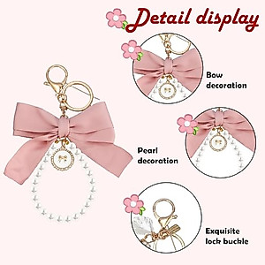 SMUOBT 2Pcs Cute Bow Keychain Wristlet for Women,Pearl Key Chains for Car Keys Pink White Bow Keychain Accessories Bag Chrams