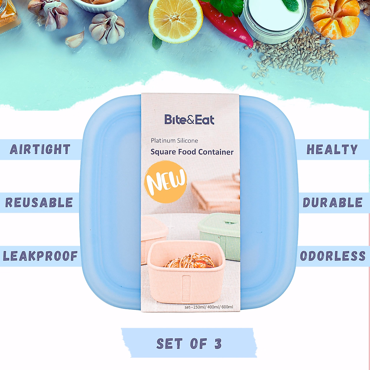 Bite&Eat Silicone Food Storage Containers | BPA Free, Airtight, Dishwasher, and Freezer Safe with Lids | Air Vent Nesting Containers Safe for Microwave | Set of 3 (5.7oz, 10oz, 20oz) - Blue/Clear