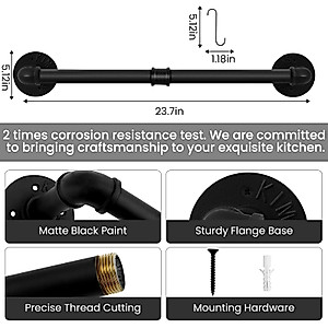 SUJOER Pot Rack Wall Mounted with 15 Hooks, Hanging Pot Pan Organizer Rack,Utensil Industrial Pipe Hanger,Heavy Duty Cast Iron Skillet Storage Rail,Cabinet Black Pots and Pans Storage (23.7inch)