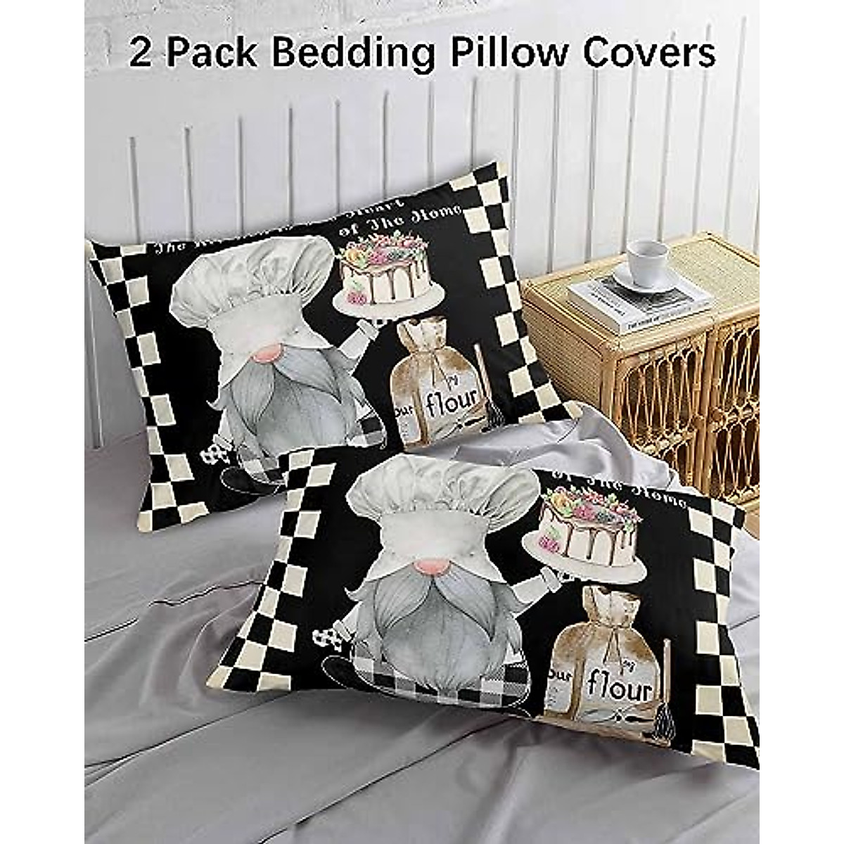 Edwiinsa Kitchen Chef Pillow Covers Standard Size Set of 2 20x26 Bed Pillow, Farmhouse Black Plaid Cake Dessert Cooking Plush Soft Comfort for Hair/Skin Cooling Pillowcases with Envelop Closure