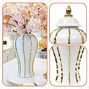 Gralara Luxury Ginger Jar, Temple Jar, Ginger Jar Vase, White and Gold Ceramic Jar with Lid, Porcelain Ceramic Vase, for Home Decor, 14.17'' H