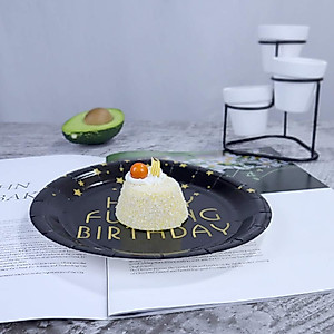 Pandecor Black and Gold Happy FING Birthday party supplies,50PCS Disposable Paper Plates 7 Inch Cake Plates for Adult Funny Birthday Party