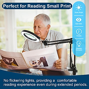 MagnieOpti 10X Magnifying Glass with Light and Clamp, 5 Color Modes Stepless Dimmable Real Glass Lighted Magnifier, Hands Free LED Magnifying Desk Lamp for Painting Craft Close Work Reading Repairing