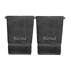 Liberty21 Embroidered Hand Towels with Inspirational Message: Blessed (1 Set of 2 Hand Towels) for Bathroom, Kitchen or Spa. (Dark Grey)