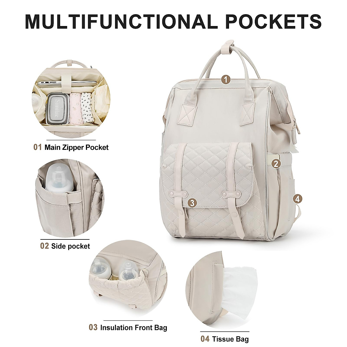 Diaper Bag Backpack,Travel Essentials Baby Bag for Girls Boy Maternity Baby Changing Bags Unisex Baby Diaper Backpack Waterproof Travel Backpack with Insulated Pockets & Stroller Straps Beige