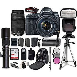 Canon EOS 5D Mark IV Digital SLR Camera Bundle with EF 24-105mm f/4L is II USM Lens + Canon EF 75-300mm III Lens + 500mm Preset Lens + Professional Accessory Bundle (15 Items)