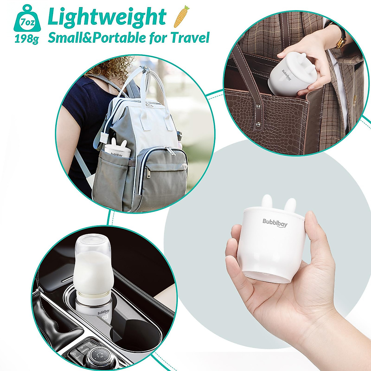 Bubblbay Portable Bottle Warmer,104° Digital Thermostat Baby Bottle Warmer with Upgraded 5 Adapters Leak-Proof Design,Wireless LED Display Travel Bottle Warmer for Breastmilk or Formula