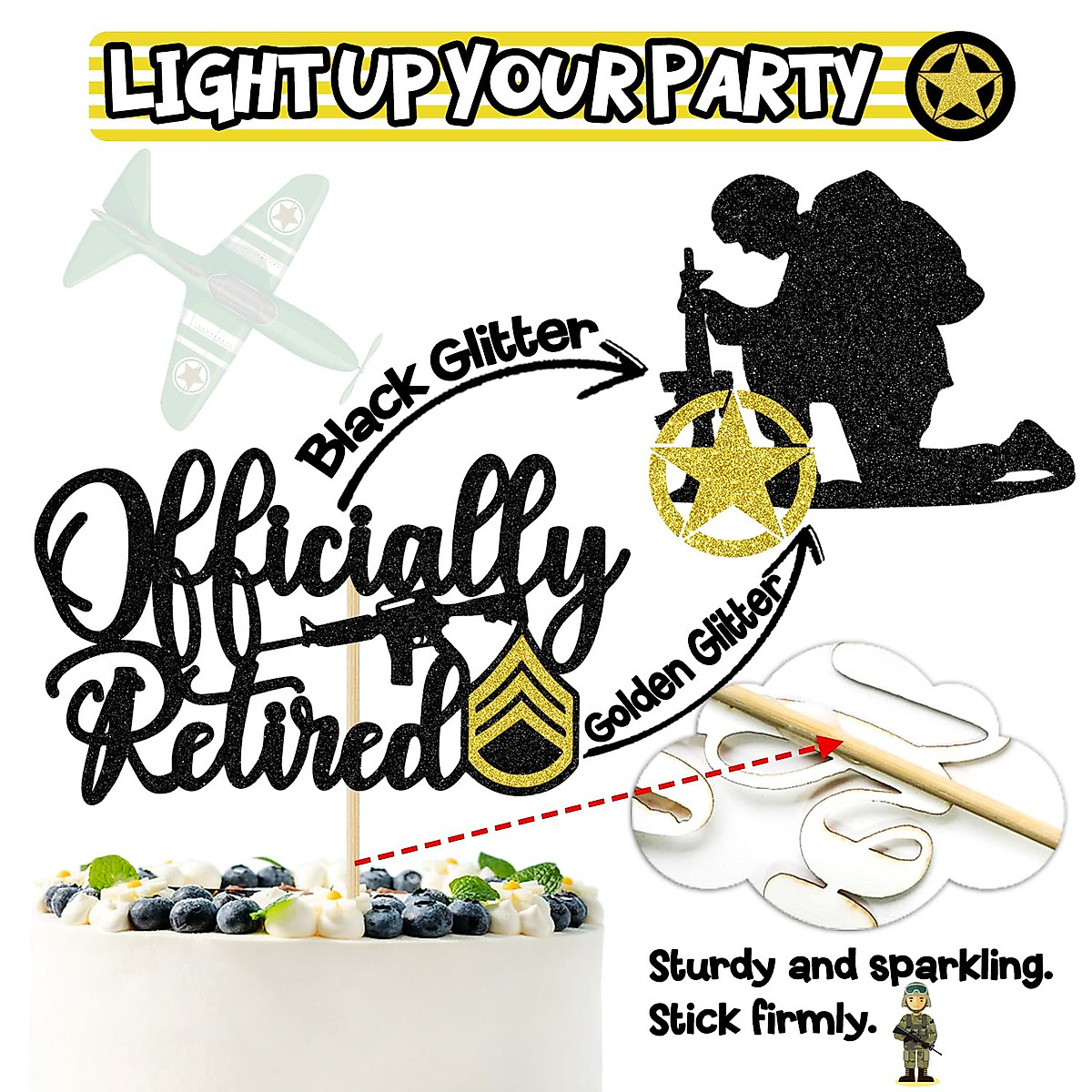 Black Glitter Officially Retired Cake Topper, Happy Retirement/Enjoy Retirement/I'm Retired Asked Someone Else, Army Themed Retirment Party Decorations(E-6)