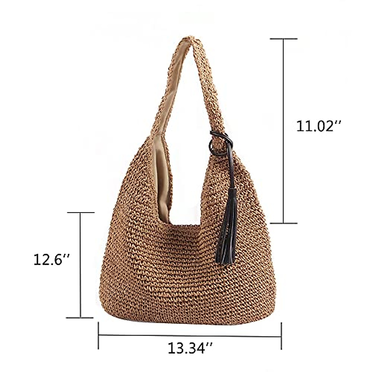 QTKJ Hand-woven Soft Large Straw Shoulder Bag with Black Tassels Boho Straw Handle Tote Retro Summer Beach Bag Rattan Handbag (Brown)