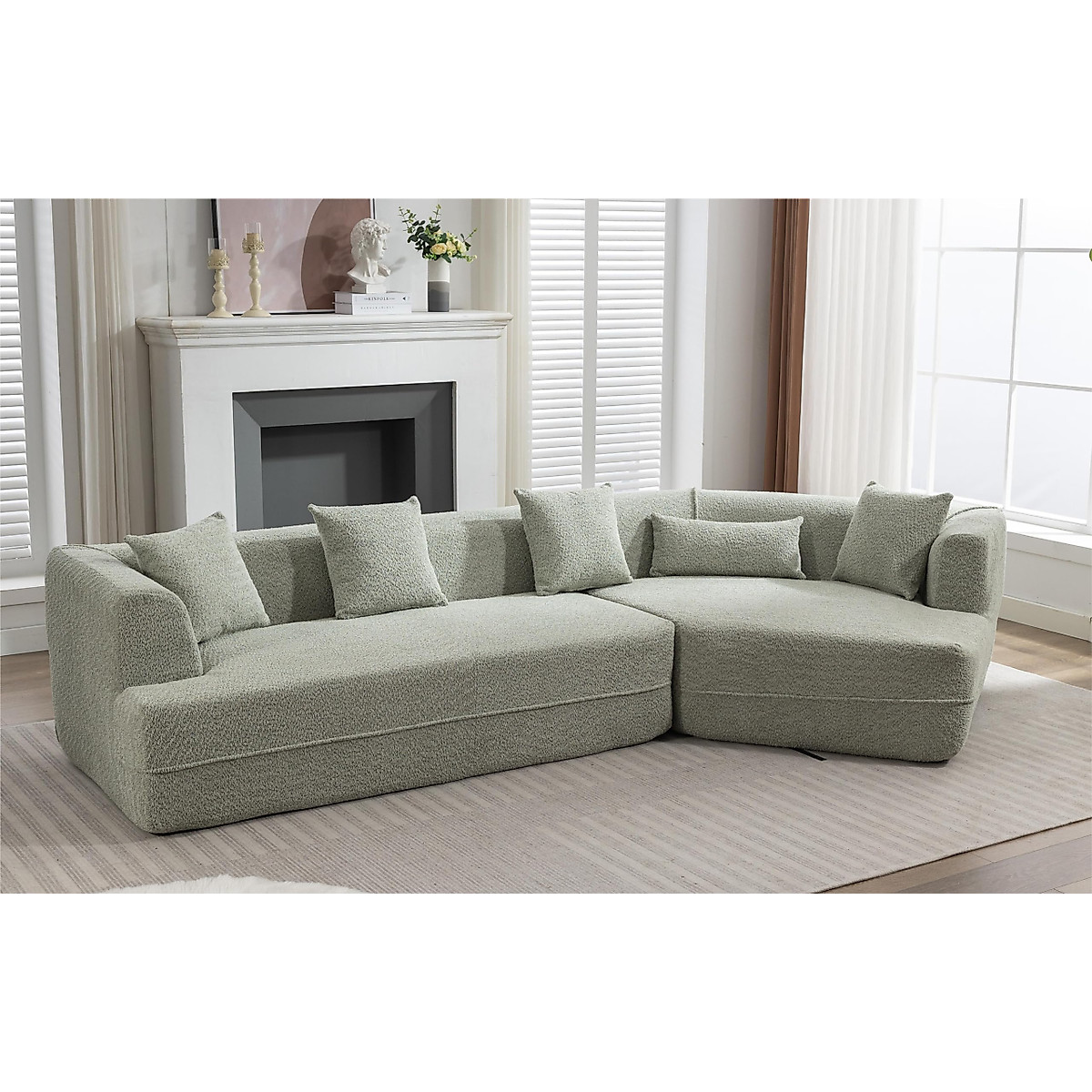 FREESNOOZE Modern Boucle Upholstered Sofa Set, 2 Piece Free Combination, Minimalist Style Modular Sectional Couch with Pillows for Living Room, Bedroom, Green