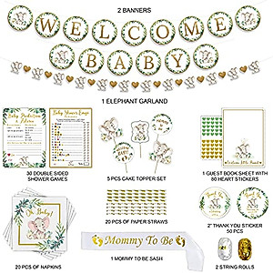252 PC Elephant Theme Baby Shower Decorations for Boy or Girl Kit -Gender Neutral Welcome Baby Banners Garland Guestbook Sash Balloons Cake Topper Paper Decor Napkins Straws Games & Thank You Stickers