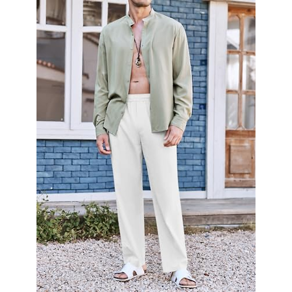 PASLTER Mens Linen Cotton Pants Casual Loose Fit Straight-Leg Lightweight Elastic Waist Beach Yoga Lounge Trousers for Men White