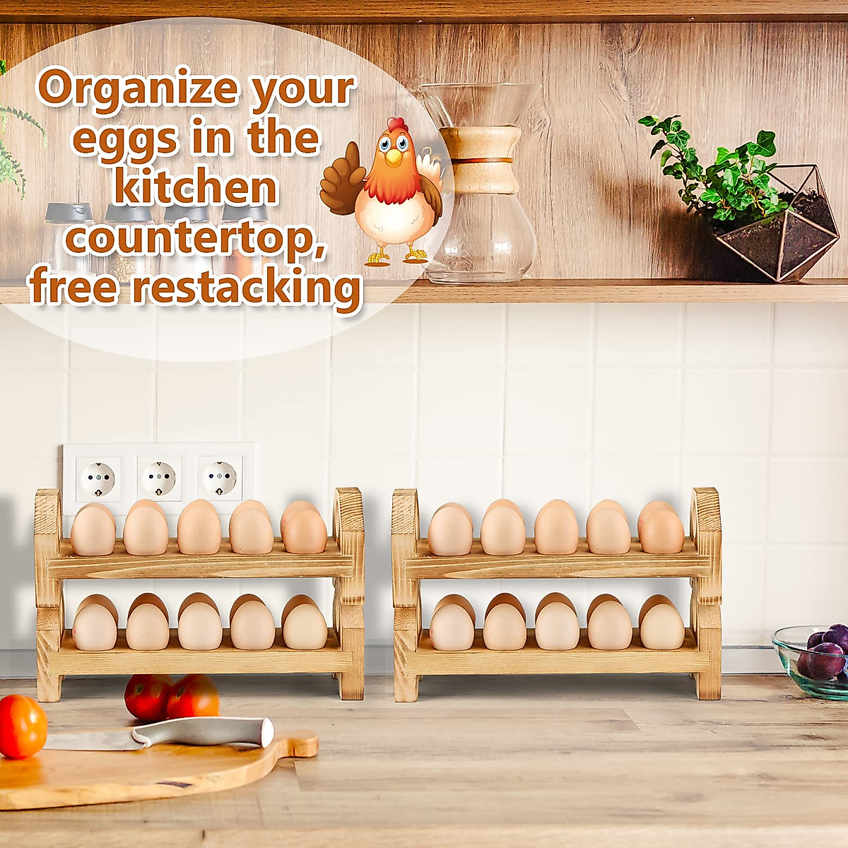 Wooden Egg Holder Countertop, 4 Egg Storage Trays Stackable for 40 Fresh Eggs, Egg Tray Organizer Rustic Kitchen Decoration, Egg Container Rack for Kitchen Organization