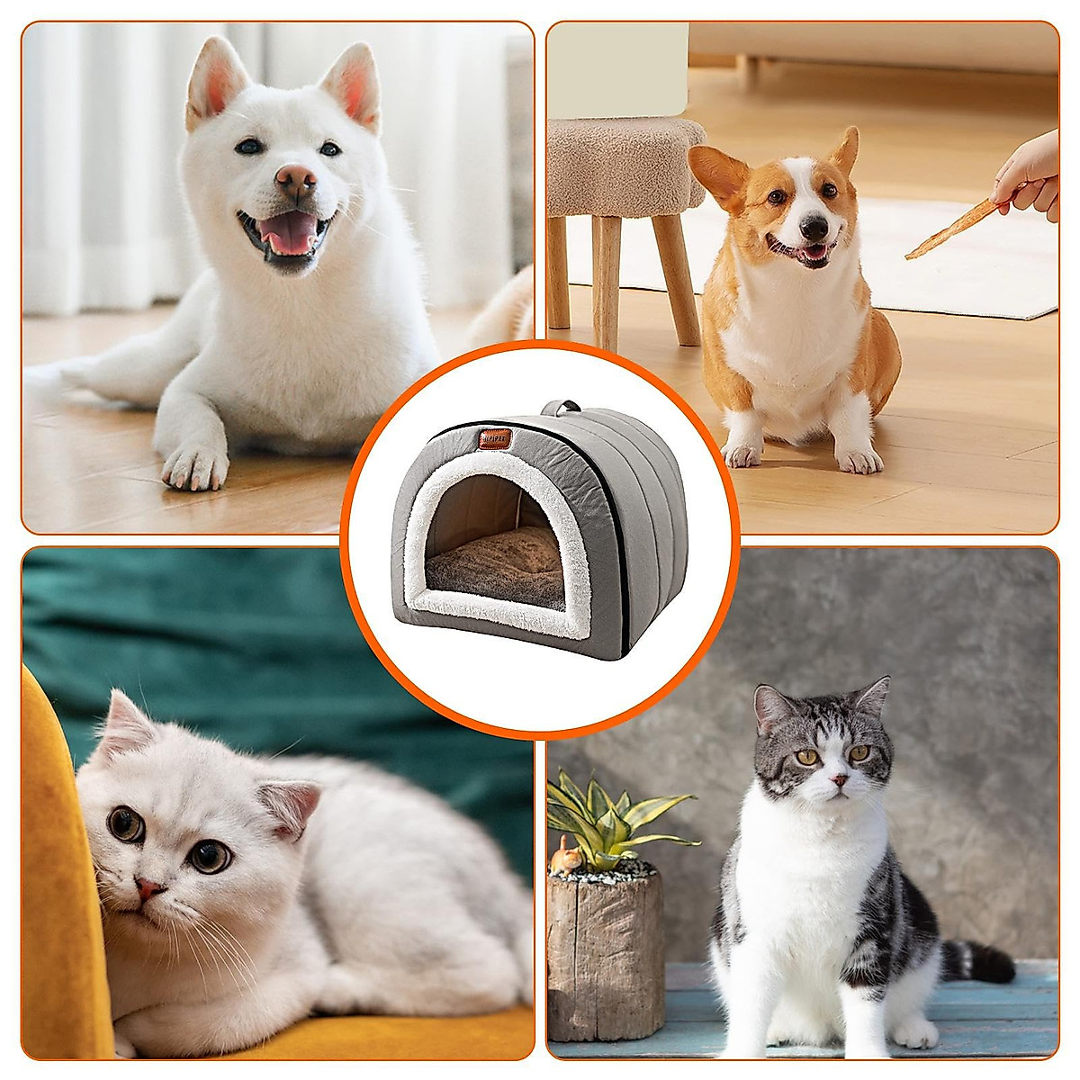 MCGOS Dog Bed Cave, 40x35x35cm Breathable Covered Dog Bed, Plush Dog Bed Cave, Washable Self Warming Pet Bed, Comfortable Warm Dog Hideaway Elastic Dog House for Cats Dogs Bunnies Rabbits Small Pets