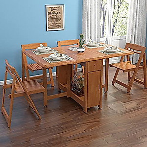 Solid Wood Drop Leaf Table with 4 Chairs, Household Folding Dining Table Set, Small Apartment Simple Solid Wood Table, Rectangular Kitchen Dining Table, Brown