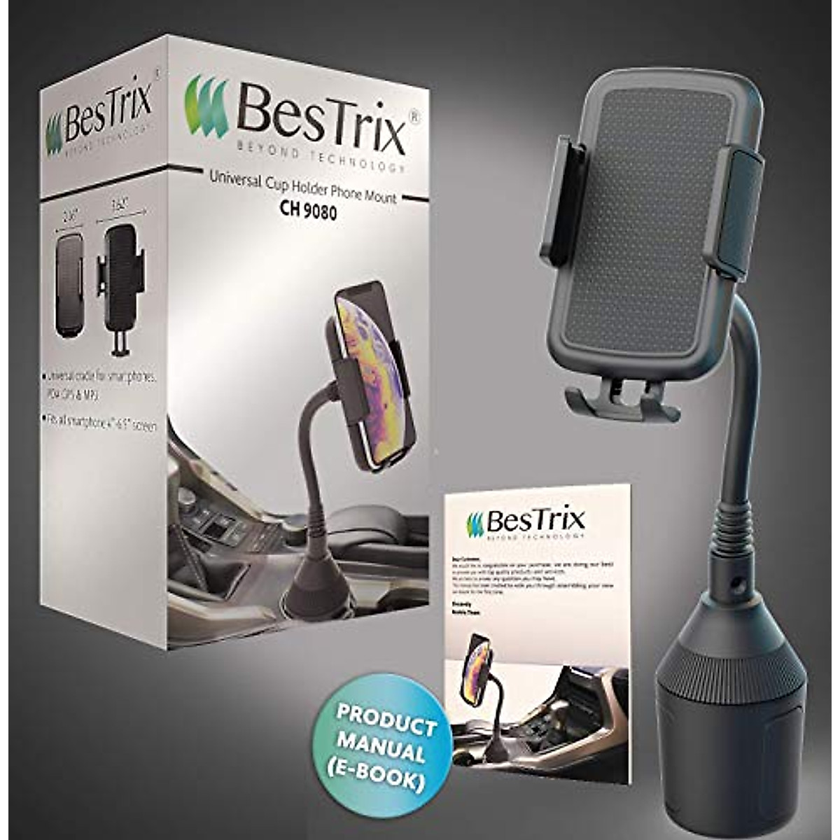 Bestrix Cup Phone Holder for Car, Cup Holder Phone Mount, Phone Holder for Car Universal for iPhone 11 Pro Xs XS MAX XR X 8 7 6s Plus SE, Galaxy S10 5G S10 S10E S9, LG, Pixel, HTC and All Smartphones