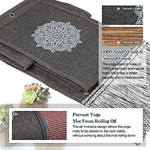 VINAEMO Yoga Mat Holder Wall Mount Storage Rack with 3 Sizes Pocket Wood Floating Shelves and 4 Hooks for Hanging Foam Roller Yoga Mats Yoga Block Home Gym Accessories Carbonized Black