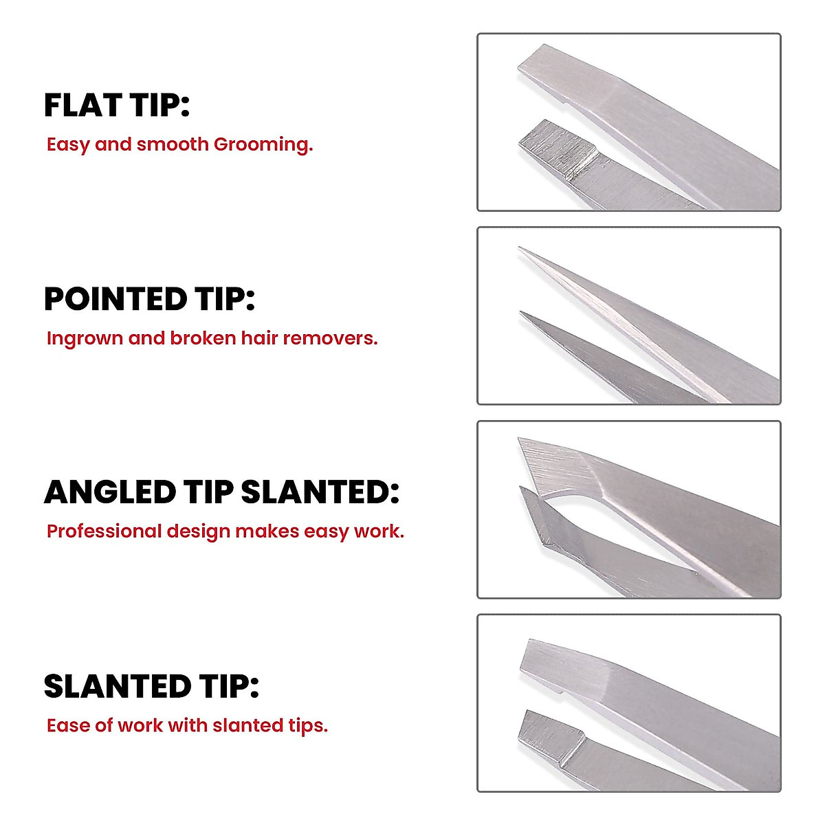 Tweezers Set, Eyebrows Kit Professional Stainless Steel Set - 4 Pieces with Leatherette Travel Case Perfect for Facial Hair, Beauty and Personal Care Tool Hobri International, silver (HTZK-001)