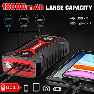 Svpast Jump Starter Car Battery Charger Portable 1600A Peak 18000mAh 12v Power Booster Pack Up to All Gas 7L Diesel Jumper Cables Dual USB Quick Charge QC 3.0 with Compass and Safety Hammer (NW-100)