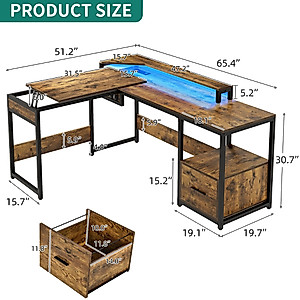 YITAHOME L Shaped Desk with Power Outlets & LED Lights, 65" Corner Computer Desk with File Drawer & Lift Top, Home Office Desk Height Adjustable Desk with Monitor Stand, Rustic Brown