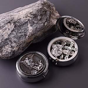 HanlinCC Saint Michael the Archangel Hematite Black Stone Beads Rosary Necklace with Metal Gift Box for Men