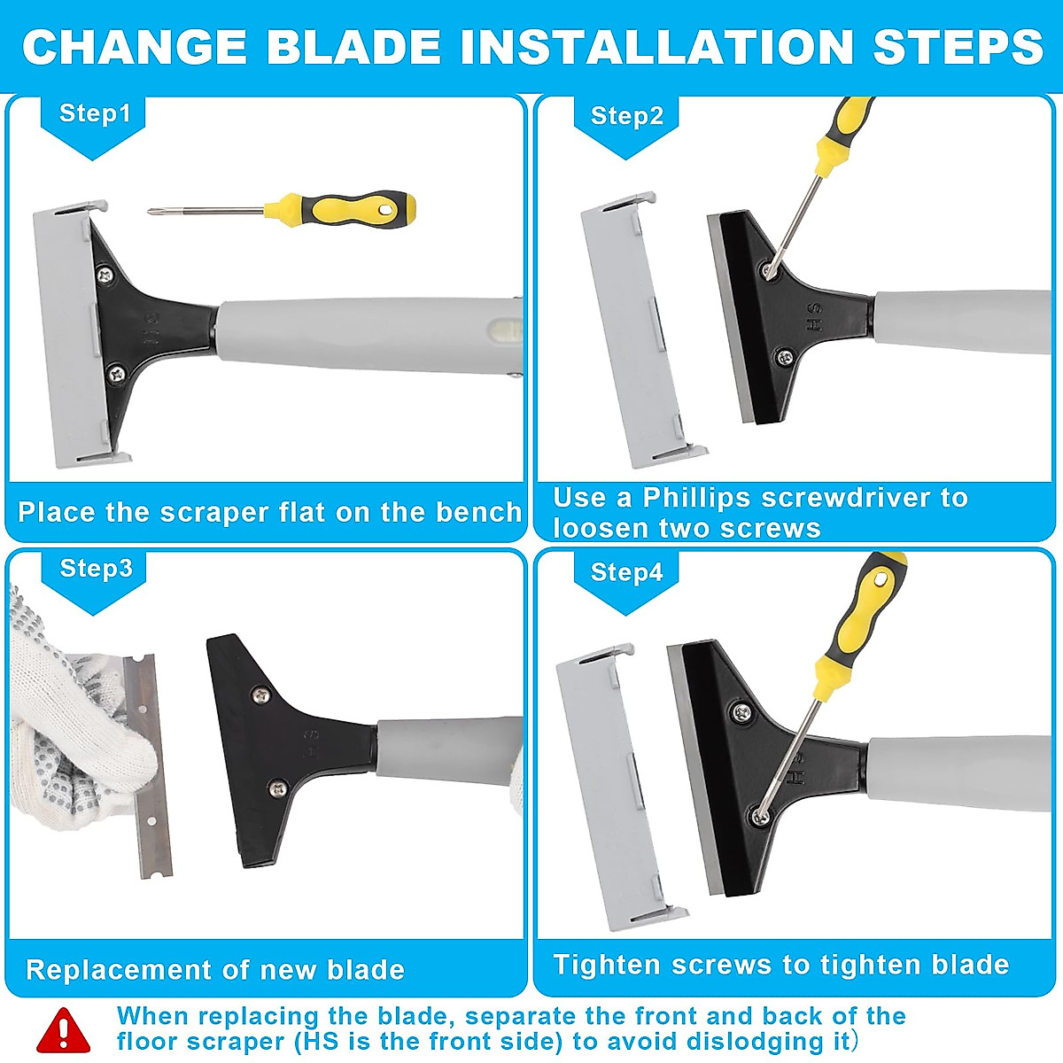 Floor Scraper, Scraper Tool Long Handle Adjustable 31" to 61" with 4-inch Razor Blade Stainless Steel Material Cleaning Glass Wall Gum Paint Tile Glue Linoleum Carpet Sturdy Durable