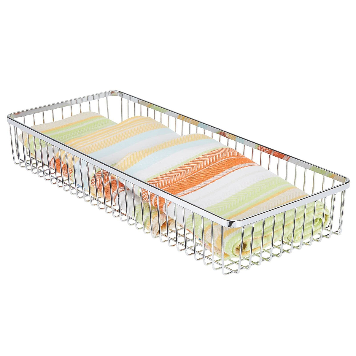 mDesign Metal Farmhouse Kitchen Cabinet Drawer Organizer Basket Tray, Shallow Storage Bin for Cutlery, Serving Spoons, Cooking Utensils, Appliances, Gadgets, Unity Collection, 15" Long, 2 Pack, Chrome