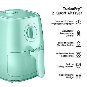 Chefman TurboFry 2-Quart Air Fryer, Dishwasher Safe Basket & Tray, Use Little to No Oil For Healthy Food, 60 Minute Timer, Fry Healthier Meals Fast, Heat And Power Indicator Light, Temp Control, Mint