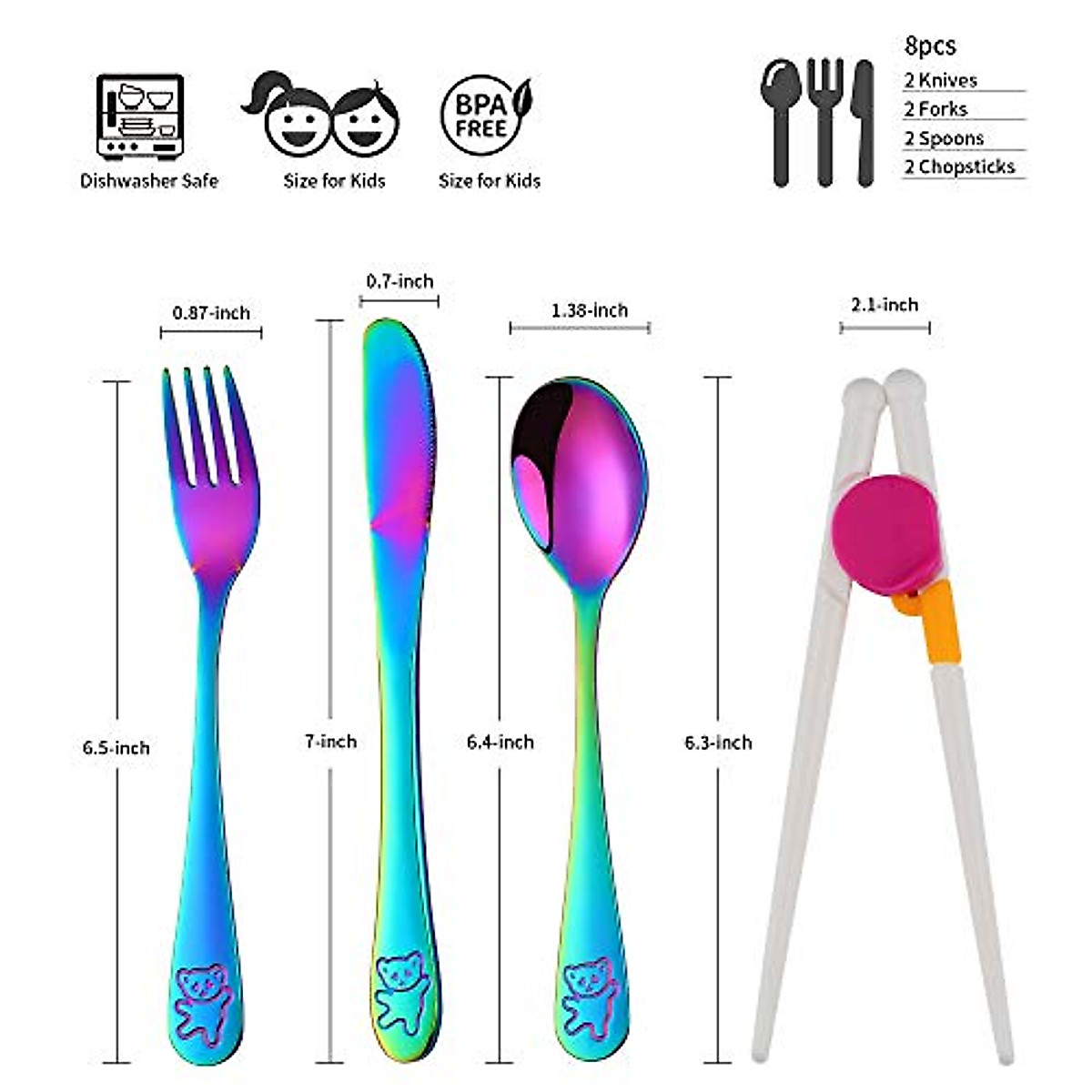 Kids Silverware, Poylim Stainless Steel Children Flatware Set, Toddler Utensils Set of 2, Rainbow