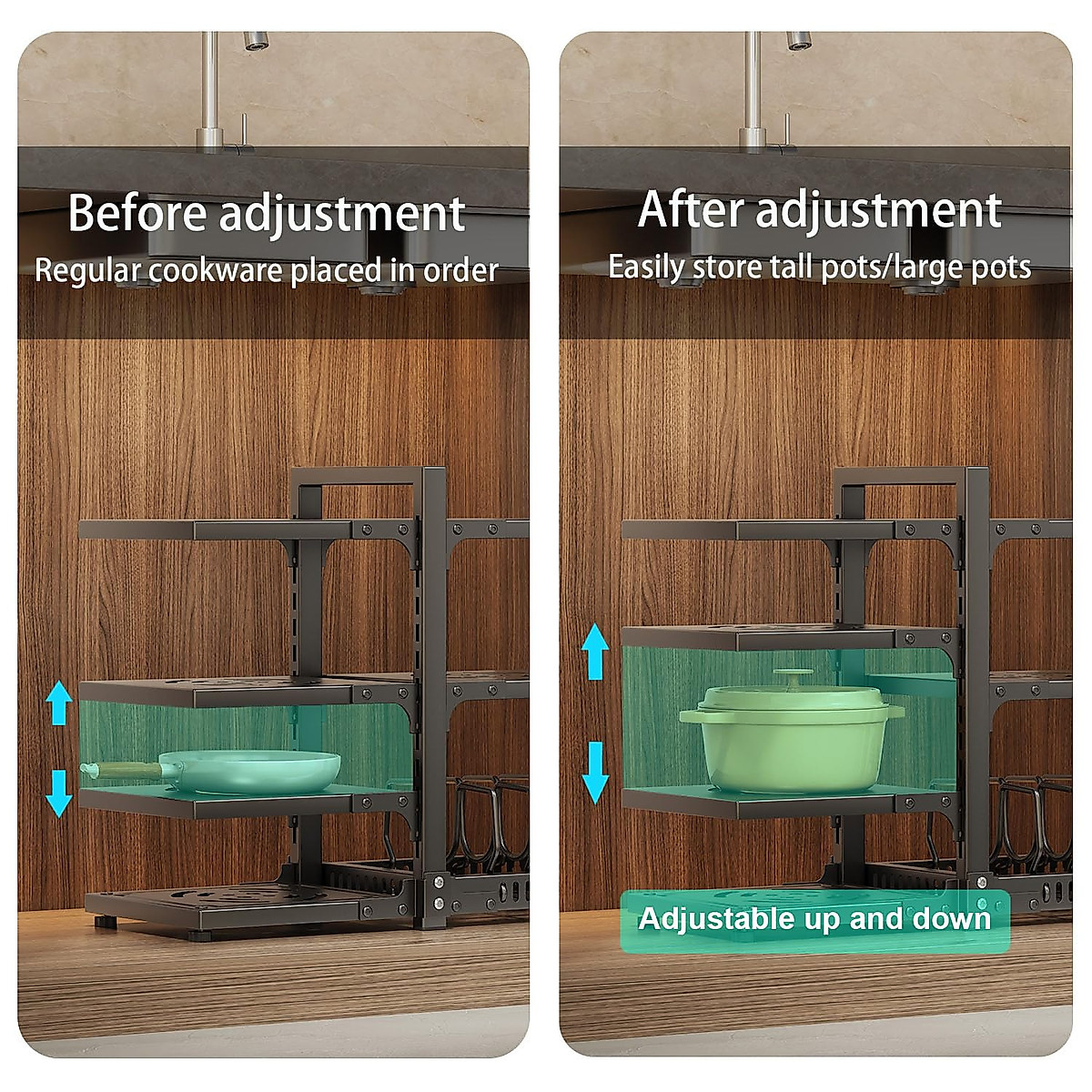 OUTIOE Heavy Duty Pots and Pans Organizer under Cabinet, 7-Tier Adjustable Pan Organizer Rack for Kitchen Cabinet Organizers and Storage (Black)