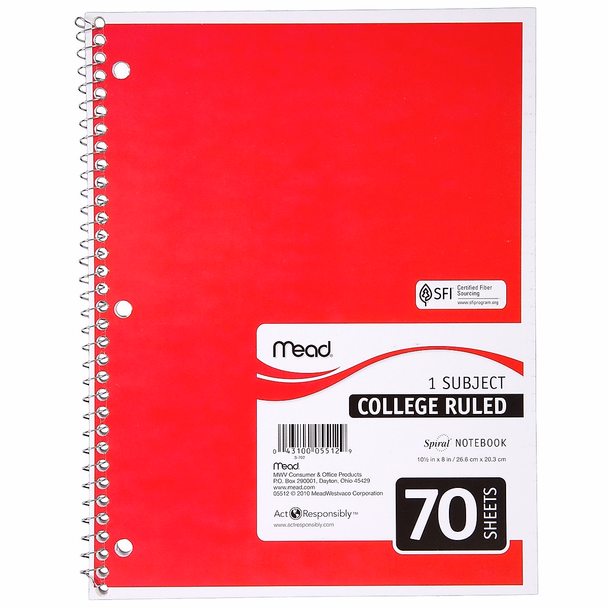 Mead 05512 Spiral Notebook, College Ruled 7.5" x 10.5" 70 Sheets, 1 Subject, 6 Pack, Colors May vary