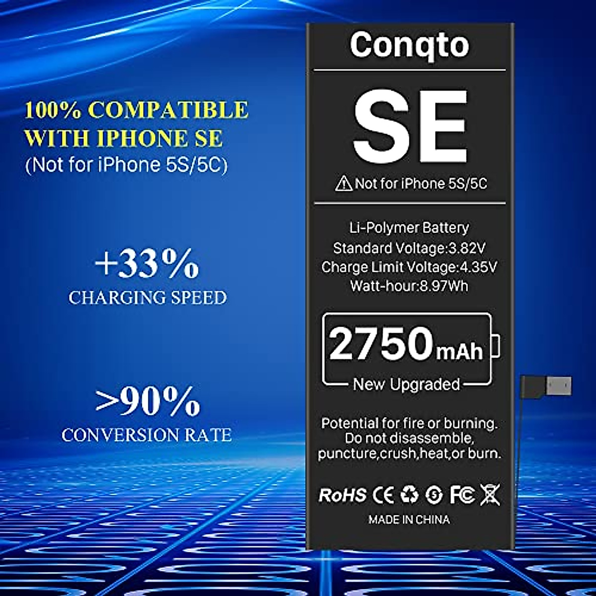 [2750mAh] Battery for iPhone SE 2016 1st Gen, Conqto New 0 Cycle High Capacity Battery Replacement for iPhone SE Models A1662, A1723, A1724 with Complete Professional Repair Tools Kit