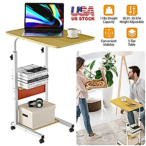 TeqHome C Shaped End Table, Height Adjustable C Side Table with Metal Frame, 4 Wheels and Storage Shelves, Rustic Snack TV Tray Table for Couch, Bed, Sofa, Living Room, Bedroom (Wood Color)