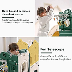 Lischwert Toddler Slide, Indoor Slide Playground Set for Kids, Outdoor Slide Freestanding Playset, 7-in-1 Slide with Basketball Hoop and Climber for Kids Age 1+(Yellow/Green)