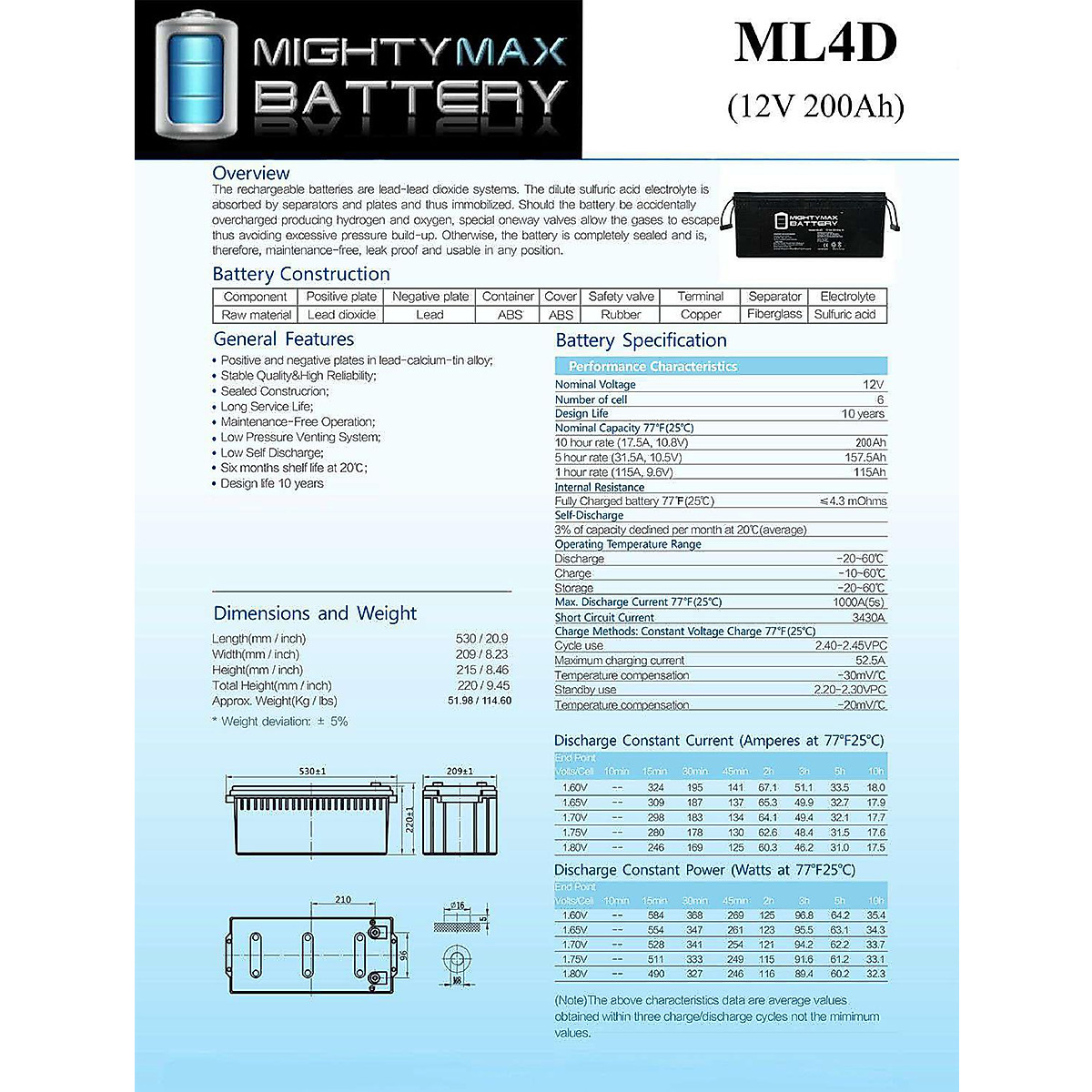 ML4D -12 Volt 200 AH, Internal Thread (INT) Terminal, Rechargeable SLA AGM Battery