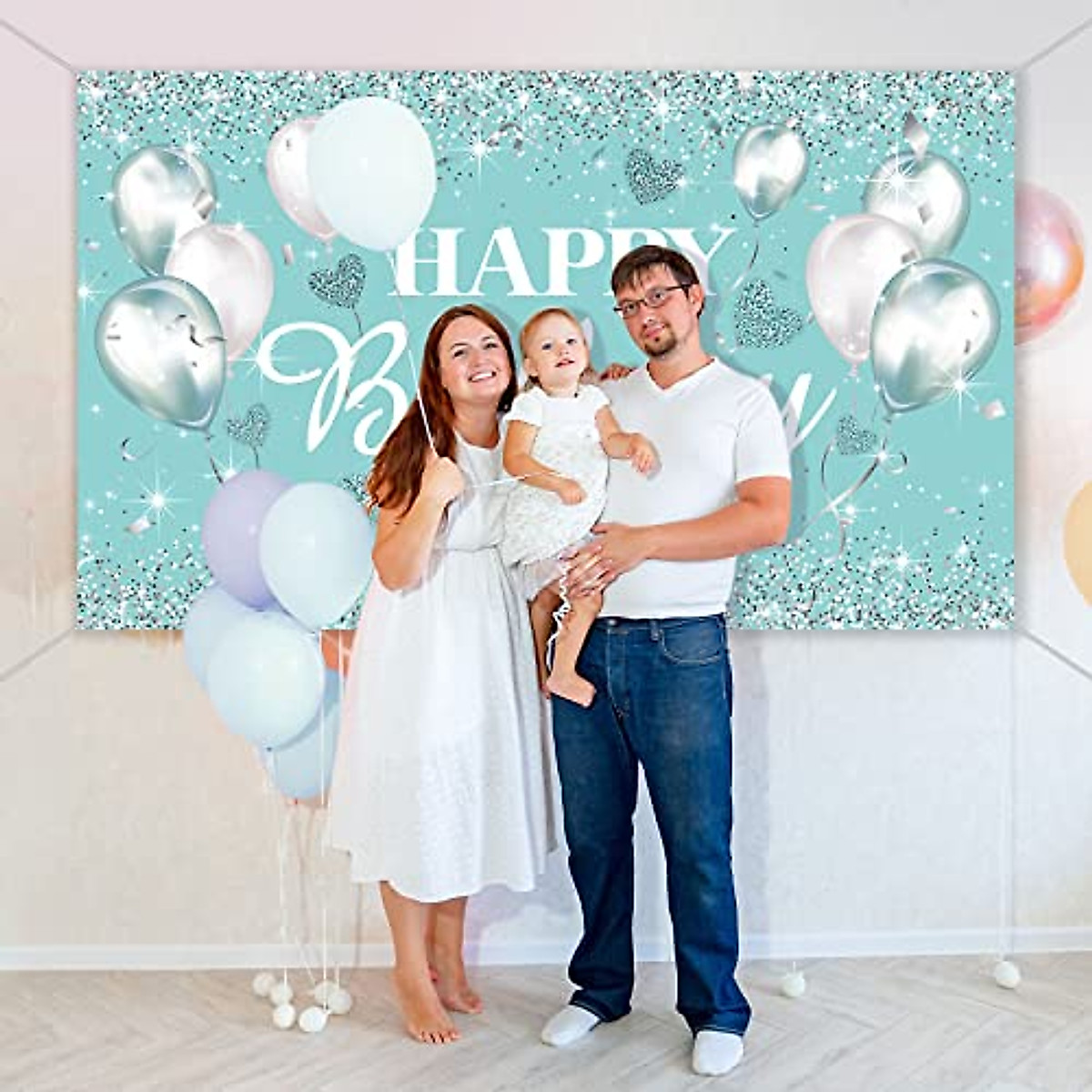 Teal Birthday Party Supplies Turquoise and Silver Birthday Backdrop Banners Turquoise Giltter Birthday Background for Women Girls Photography Birthday Photo Booth Teal Wall Decorations 5.9 x 3.6 Feet