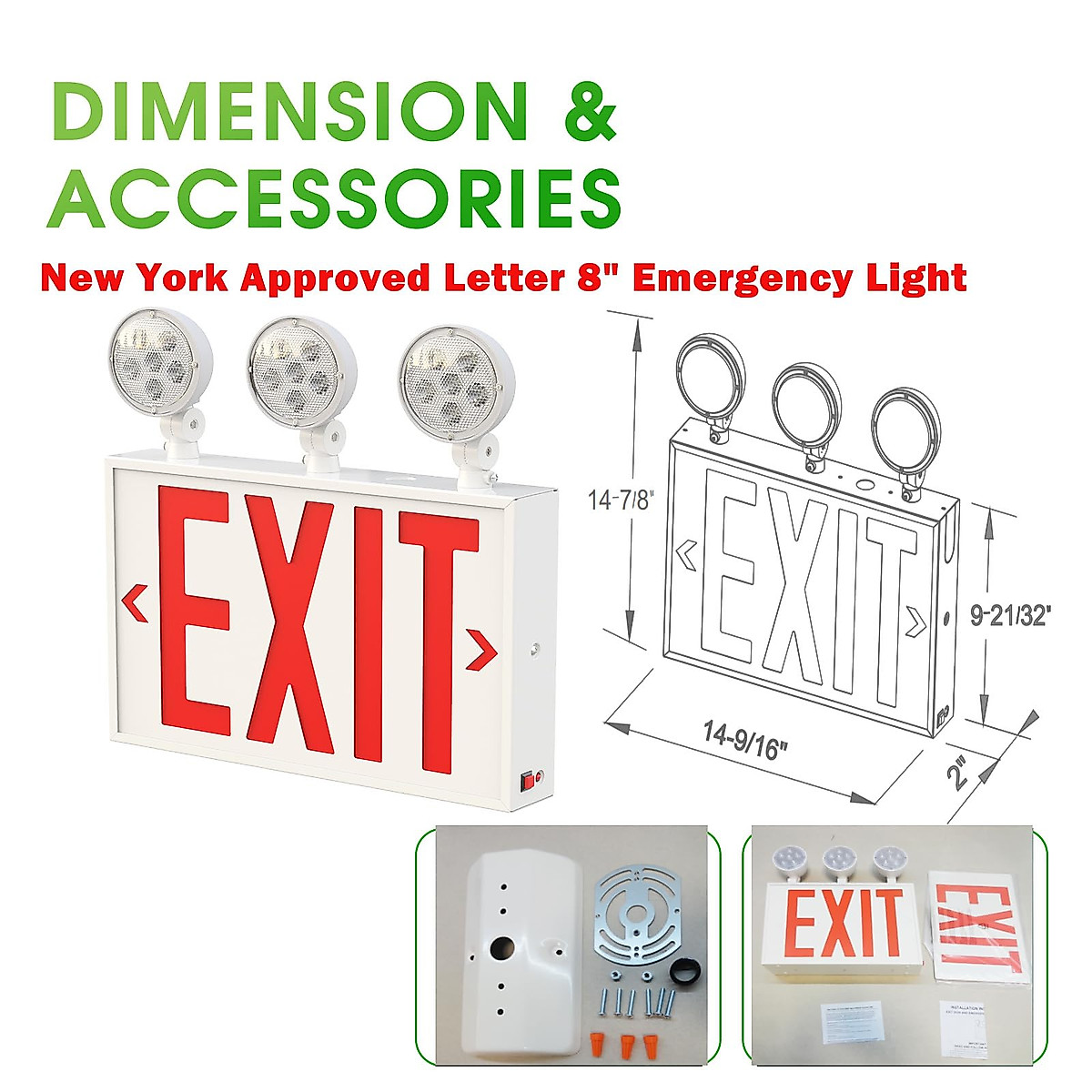 Garrini New York Approved Letter 8" Steel LED Emergency Light Exit Sign Combo Adjustable Lamps Heads, 120-277V, Single and Double Faces, Fire Resistant UL Certified NYC-2000 (3 Heads)