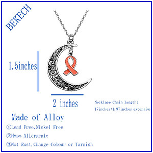 BEKECH Multiple Sclerosis MS Awareness Gift Orange Ribbon Crescent Moon Charm ADHD Awareness Necklace for MS Warrior