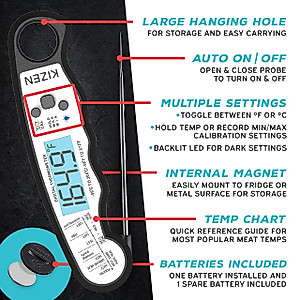 KIZEN Digital Meat Thermometer with Probe - Waterproof, Kitchen Instant Read Food Thermometer for Cooking, Baking, Liquids, Candy, Grilling BBQ & Air Fryer - Black/White