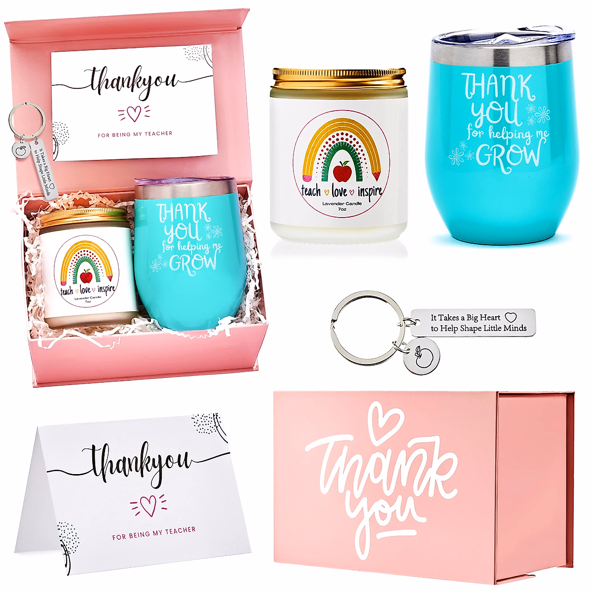 Little Mindings End of Year Teacher Gifts | Teachers Appreciation Gift Sets | Teacher Gift Set for Women: 12oz Tumbler, Thank You Candle, Keychain, Thank You Teacher Card