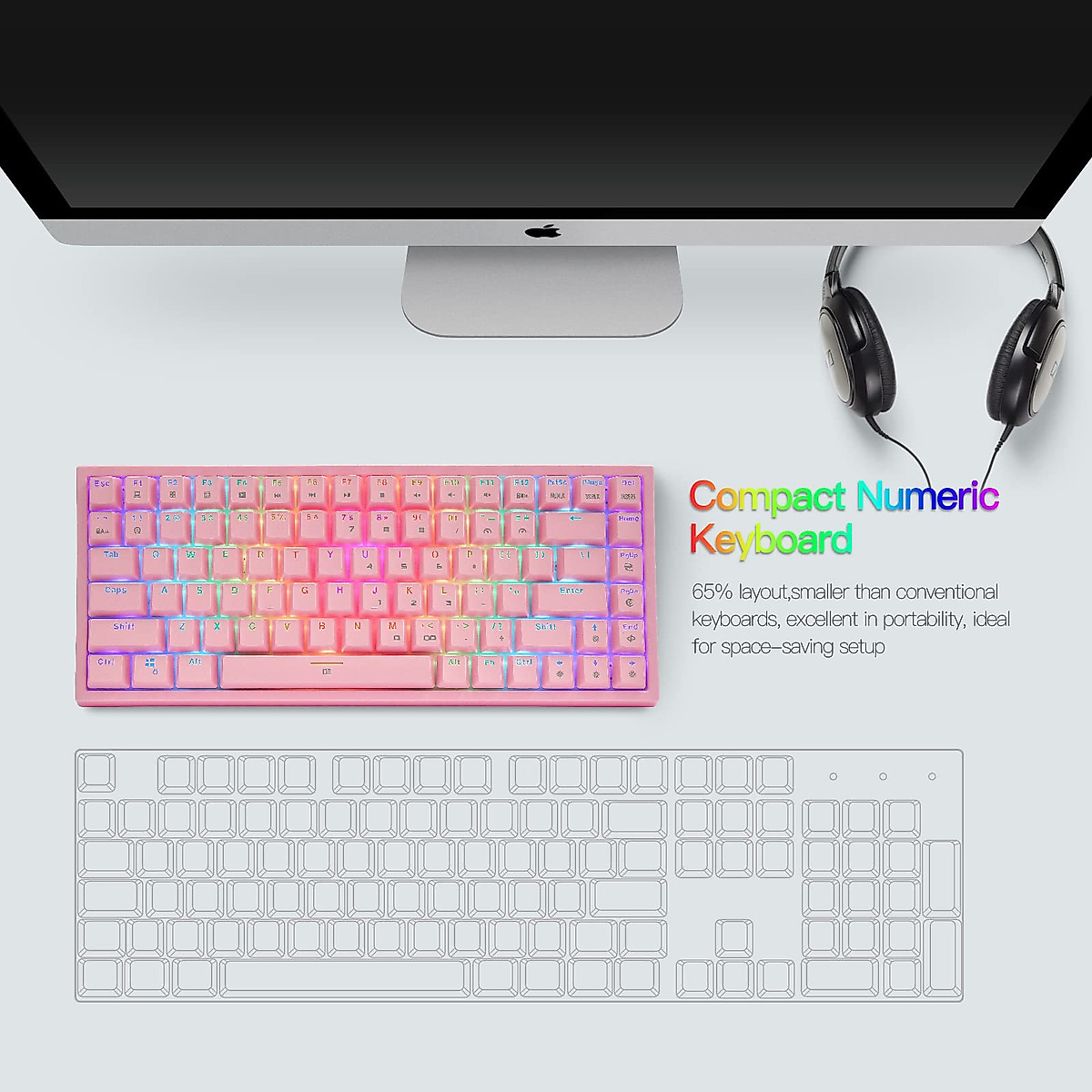 OKKID Wireless Mechanical Keyboard 60%, Bluetooth Wired Gaming Keyboard, Blue Switches, RGB Backlight, CQ84 Wired Keyboard, Compact 84 Keys, for Windows Computers, Tablets, Smartphone