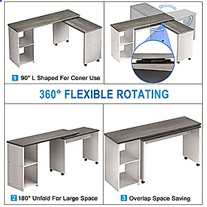 DOSLEEPS L Shaped Desk with Storage 360° Rotating Computer Desk, Modern Wood Entryway Console Table, Home Office Desk,Grey & White.