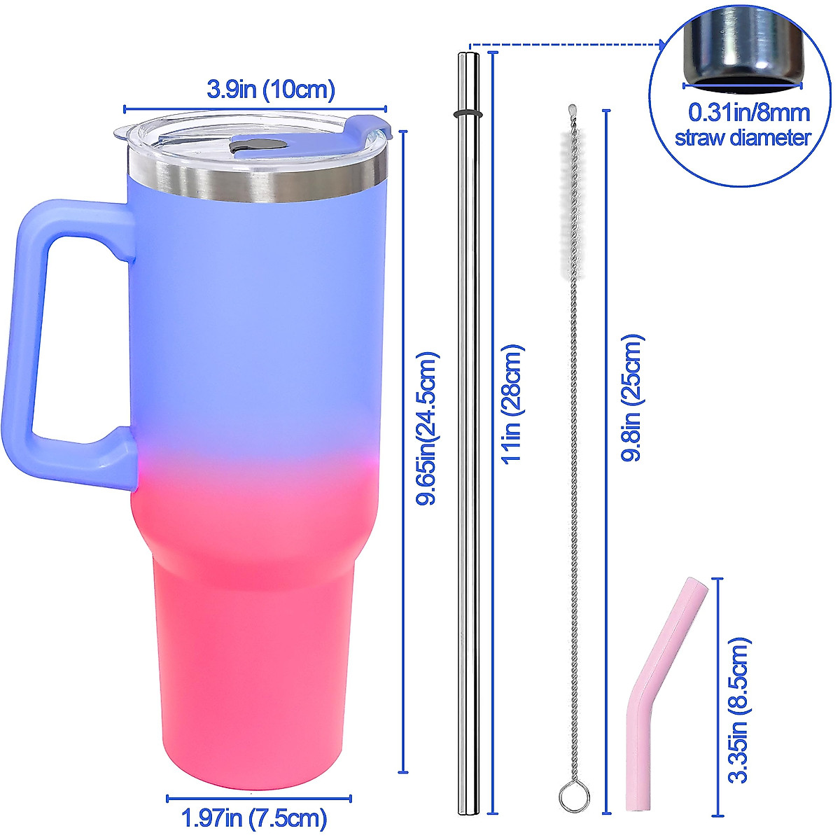 40 oz Tumbler with Handle and Straw-Stainless Steel Insulated Tumbler with Straw, Water Bottle with Straw and Handle, Insulated Cup with Straw and Lid in Car Cup Holder（Pinkpurple)