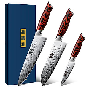 HOSHANHO 3 Pieces Damascus Kitchen Knife Set Ultra-Sharp Knives Set, Professional Chef Knife Set With G10 Ergonomic Handle,Gift Box