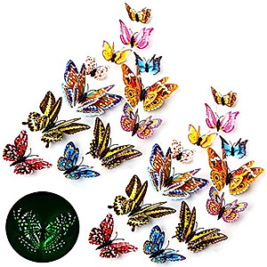 3D Butterfly Wall Stickers Decor 24 Pcs Luminous Colorful Butterfly Wall Decals for Kids Girls Baby Women Bedroom Living Room Wall Art Decor Removable Mural Sticker Butterflies Wall Art Decorations